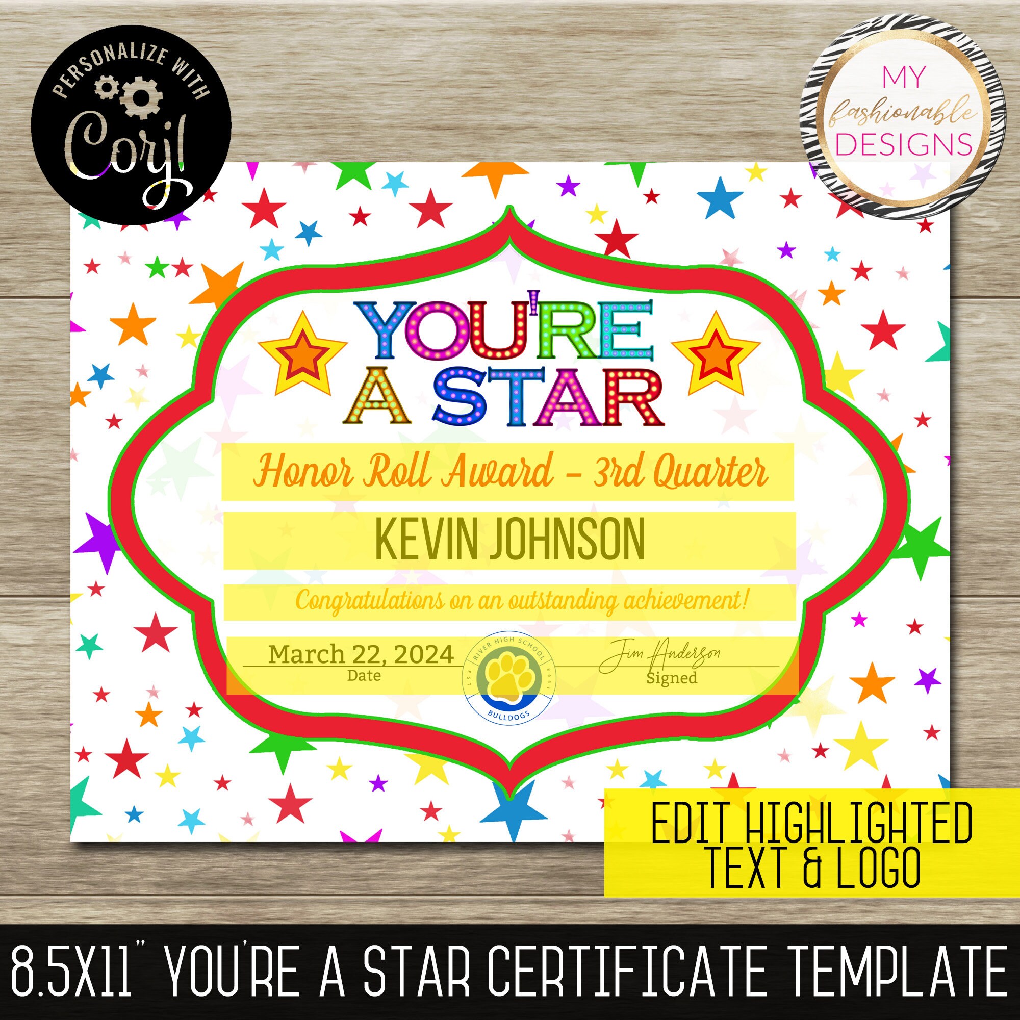 You're a Star Certificate Template Multicolor 8.5x11 Save as PDF or JPG ...