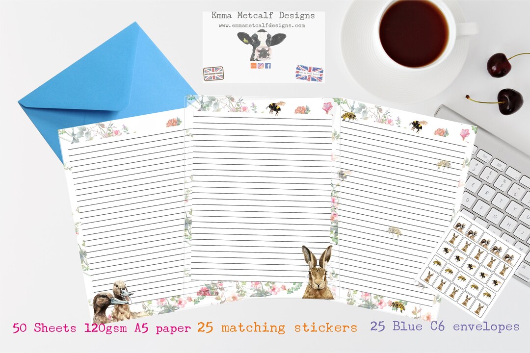 Writing Paper Set * Beautiful Lined Paper * Set of 50 Had Illustrated ...