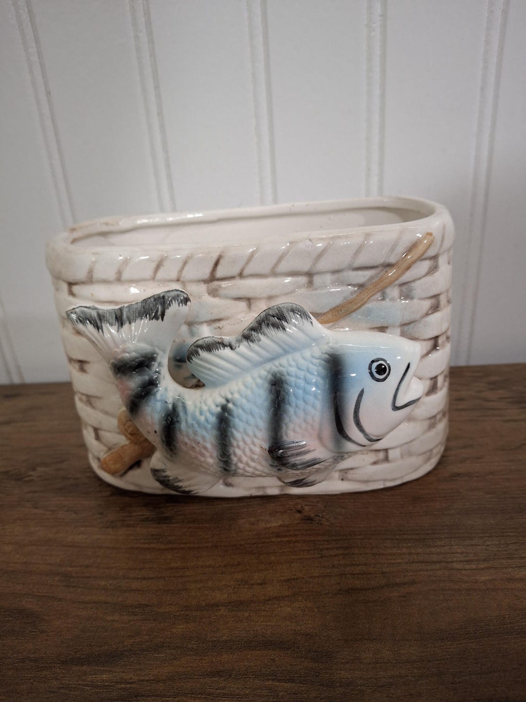 Vintage Ceramic Fishing Planter Fish Basket Rod Fisherman Cabin - Etsy