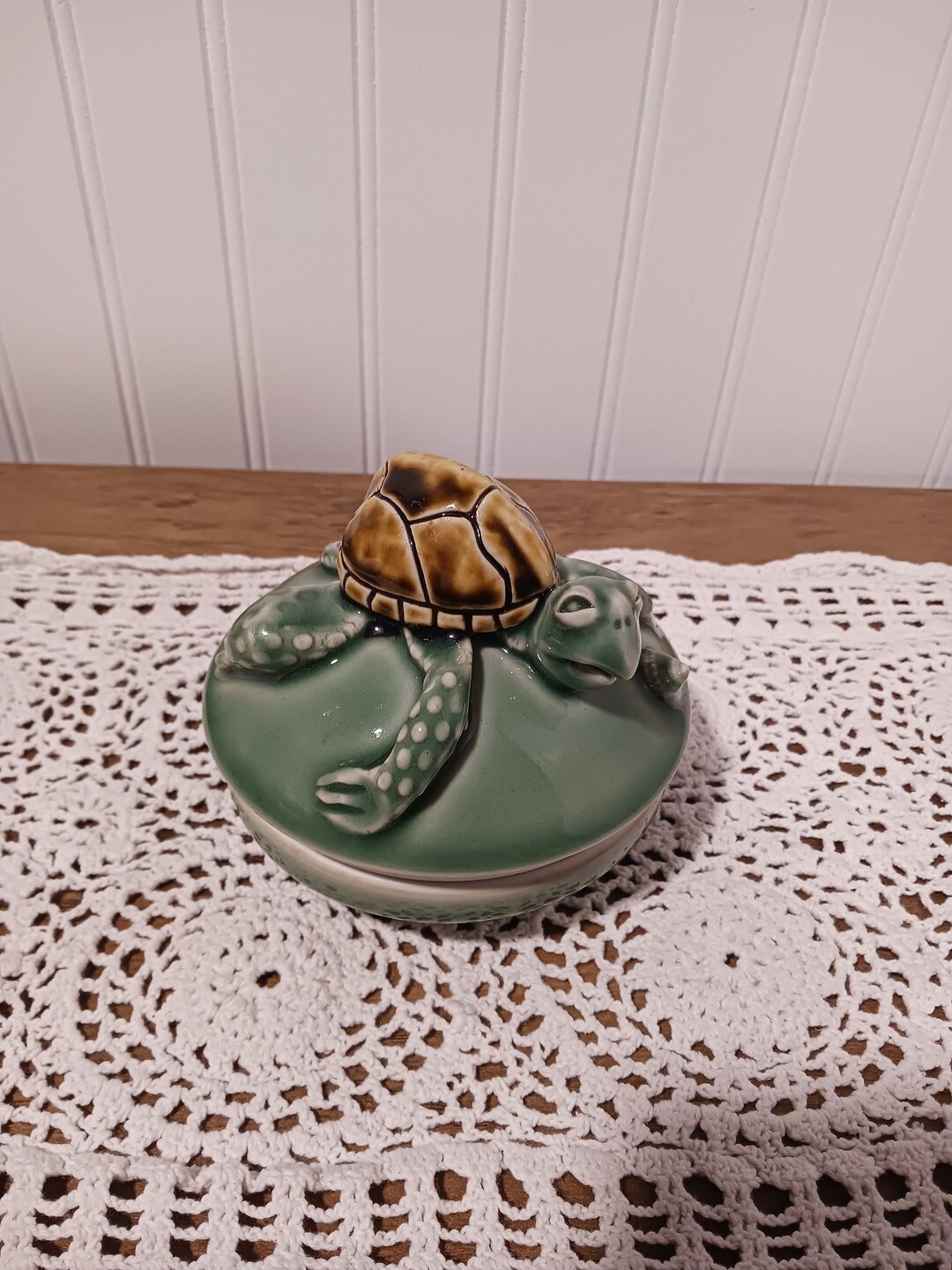Vintage Handmade Pottery Sea Turtle Trinket Box Green - Etsy