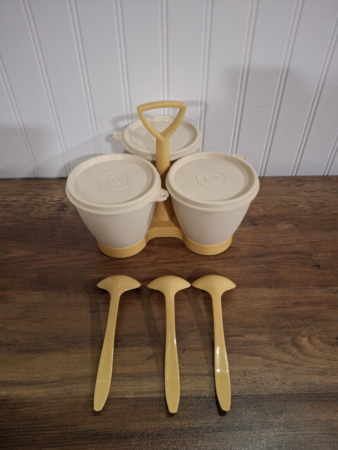 Vintage Tupperware Condiment Caddy 3 Section Gold Base Spoons Etsy