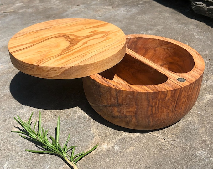 Olive Wood Salt Cellar With Lid, Double Compartment Wooden Spice Keeper ...