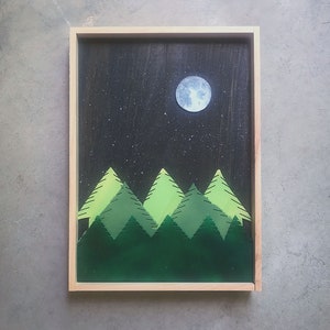 Handmade Woodland Night Scene, Reclaimed Wood Art, Evergreen Tree Art ...