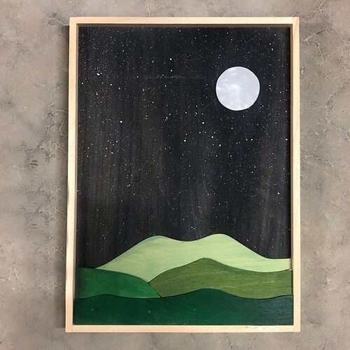 Green Mountain Nighttime Scene Handmade Wooden Wall Art - Etsy