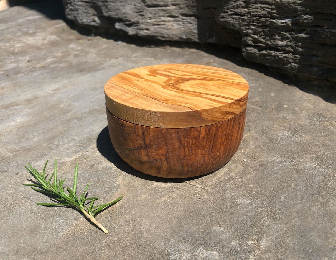 Olive Wood Salt Cellar With Lid Double Compartment Wooden - Etsy