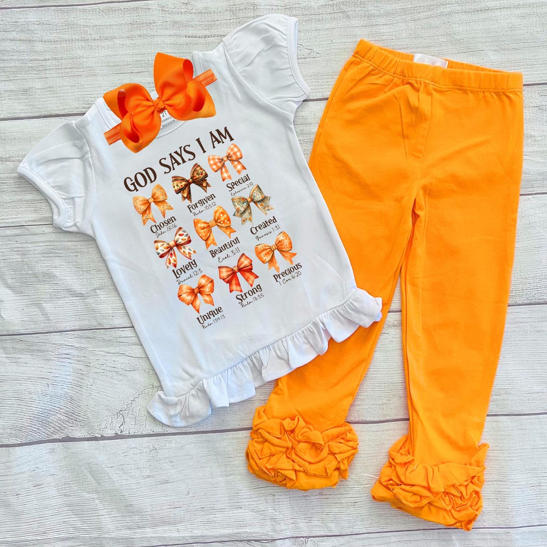 Faith Baby Outfit: "god Says I Am" Ruffled Top Orange Leggings & Bow - Etsy