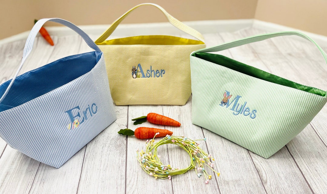 Monogrammed Easter Baskets, Personalized Seersucker Easter Baskets, Boys Easter Baskets, Girls ...