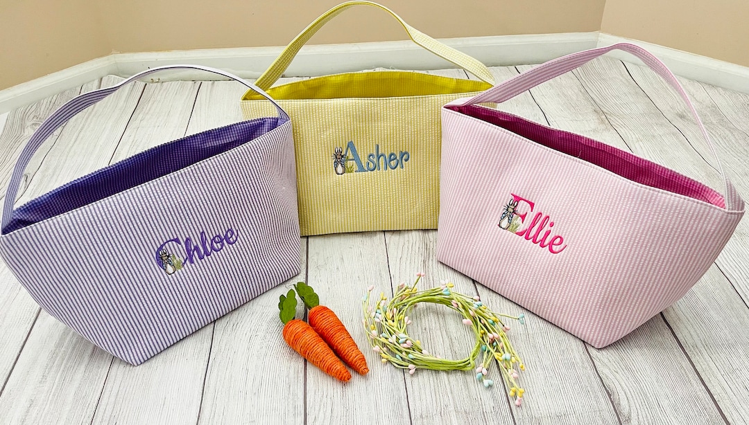 Personalized Easter Baskets, Seersucker Easter Tote, Boys Easter Baskets, Girls Easter Baskets ...