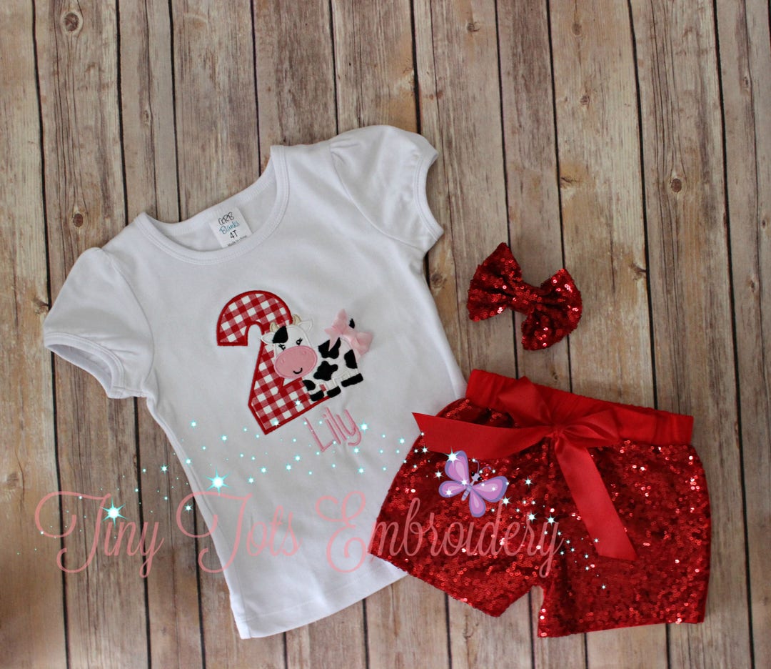 Cow Birthday Outfit: Personalized Barnyard Sequin Shorts, Top & Hair ...