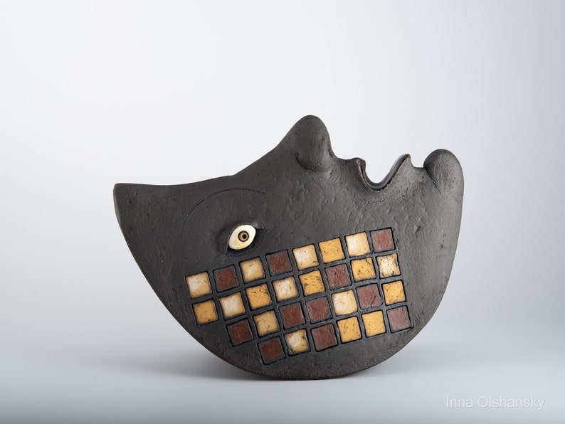 Ceramic Art Object Sculpture Face Half Moon BLACK MOON , Black Clay ...