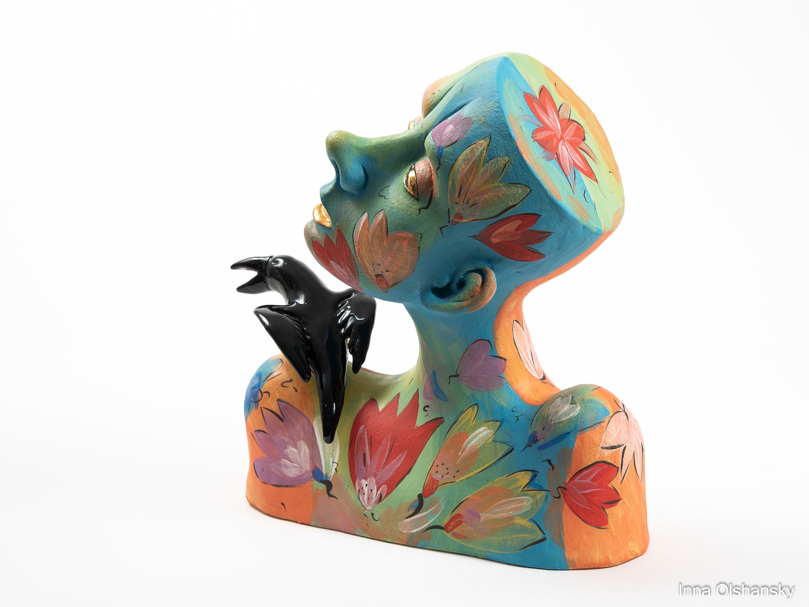 Ceramic Bust Man Looking up With Black Bird Colorful Sculpture by Inna ...