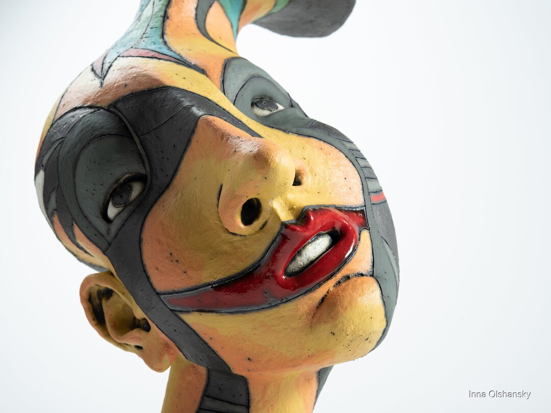 Woman Yellow Face Red Lips Ceramic Bust Sculpture Black Birds Design ...