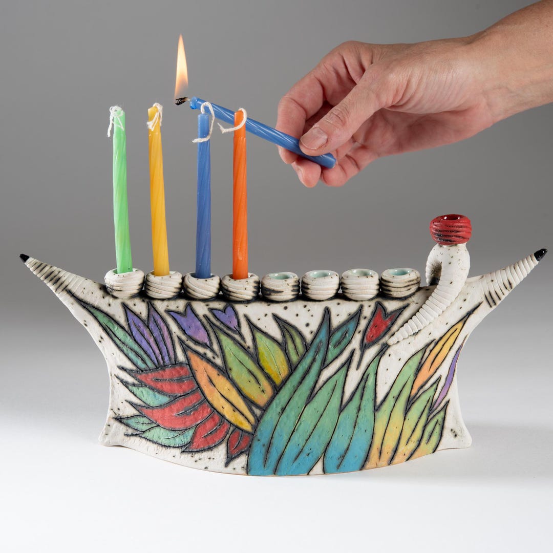 Ceramic Menorah for Hanukkah Handmade Floral Design - Jewish Holiday ...