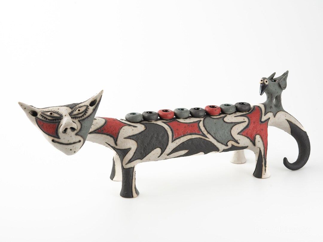 Ceramic Cat Sculpture Menorah Hanukkah, Original Unique Figurine Cat ...