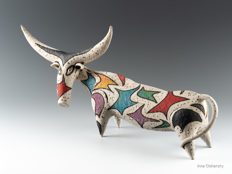 White Bull Stars Fantasy Design Ceramic Sculpture, Fantasy Colorful ...