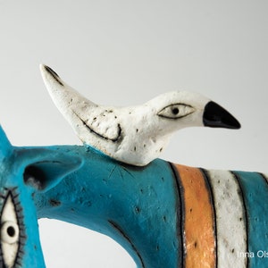 Ceramic Goats Two Heads White and Blue Sculpture - Colorful Figurine ...