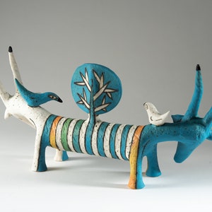 Ceramic Goats Two Heads White and Blue Sculpture - Colorful Figurine ...