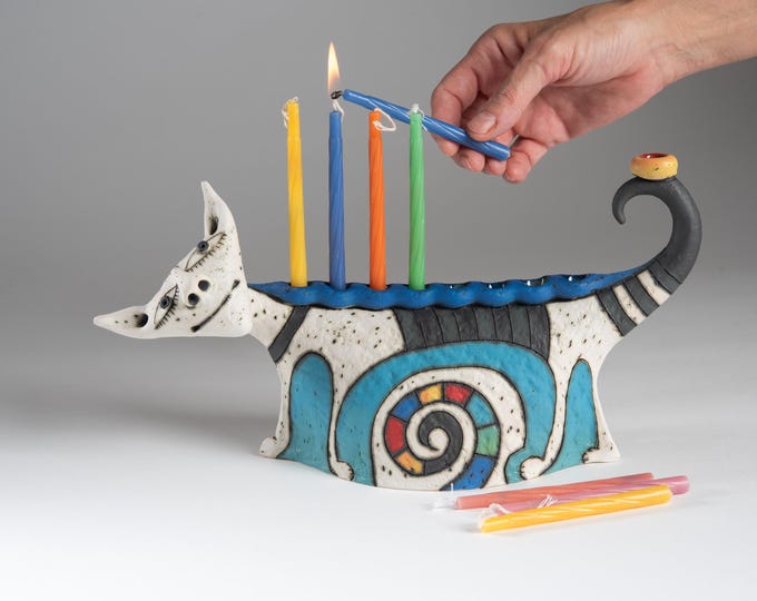 Ceramic Colorful Cat Sculpture Menorah for Hanukkah Original Ceramic ...
