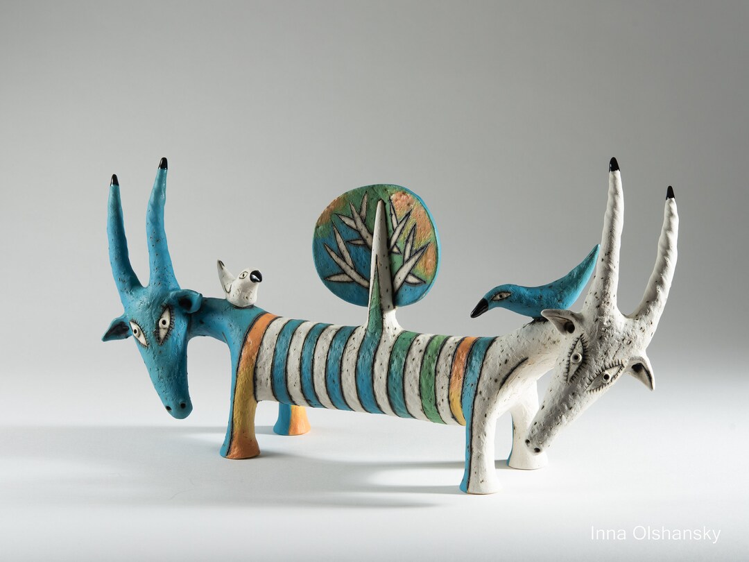 Ceramic Goats Two Heads White and Blue Sculpture - Colorful Figurine ...