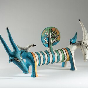 Ceramic Goats Two Heads White and Blue Sculpture - Colorful Figurine ...