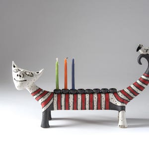 Ceramic Cat Sculpture Menorah Hanukkah, Original Unique Figurine Cat ...