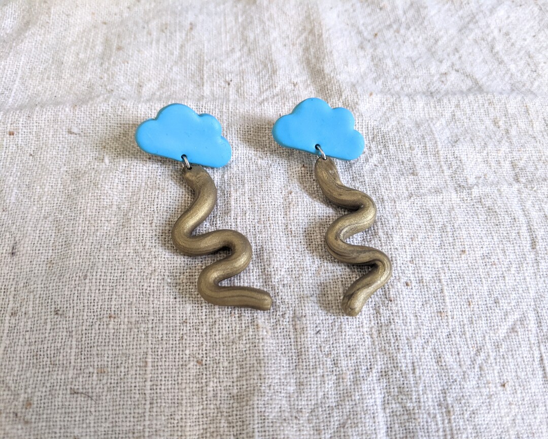 Cloud and Snake Squiggle Earrings, Polymer Clay in Turquoise and Gold ...