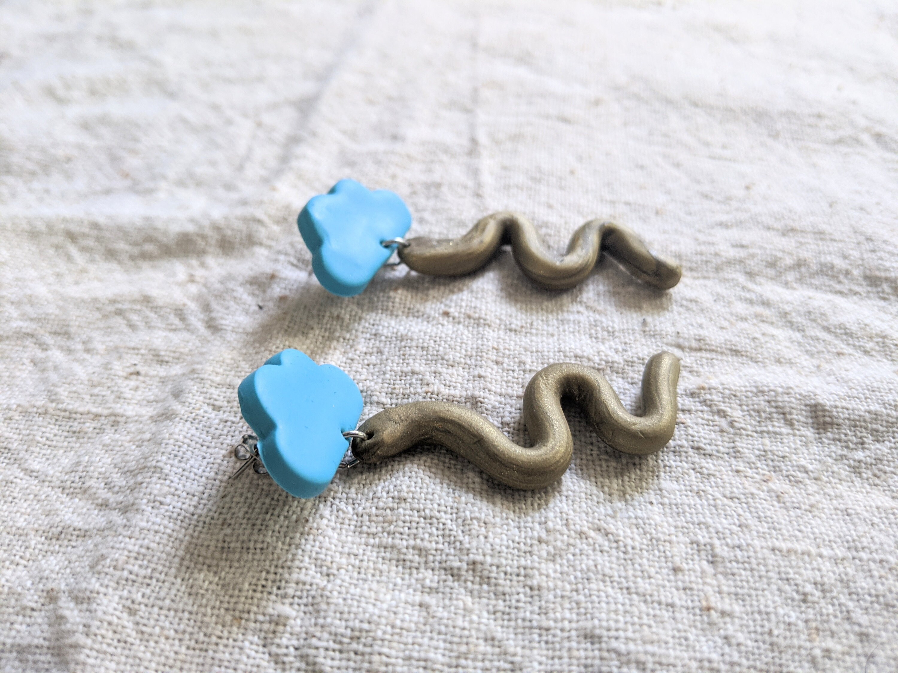 Cloud and Snake Squiggle Earrings, Polymer Clay in Turquoise and Gold ...