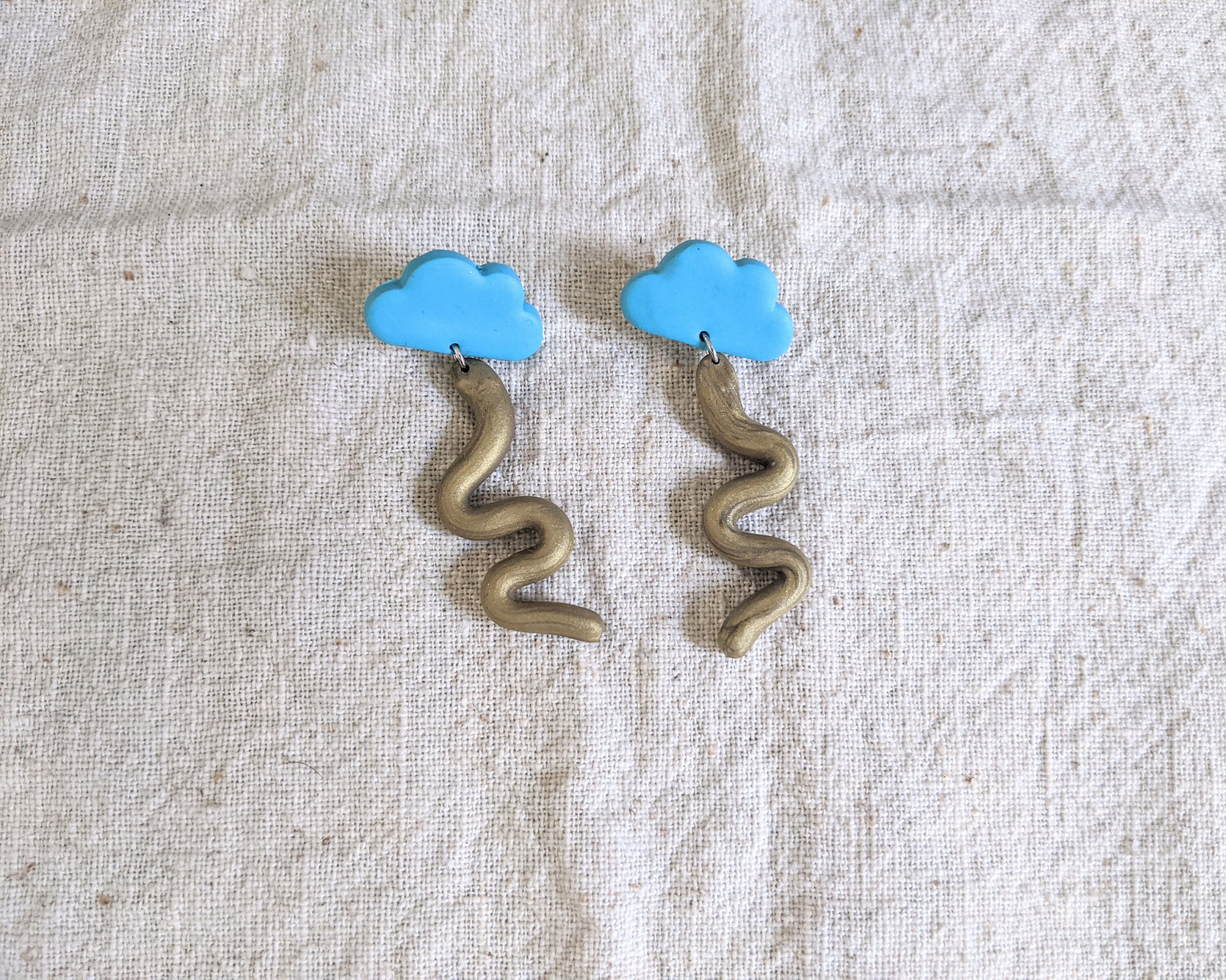 Cloud and Snake Squiggle Earrings, Polymer Clay in Turquoise and Gold ...