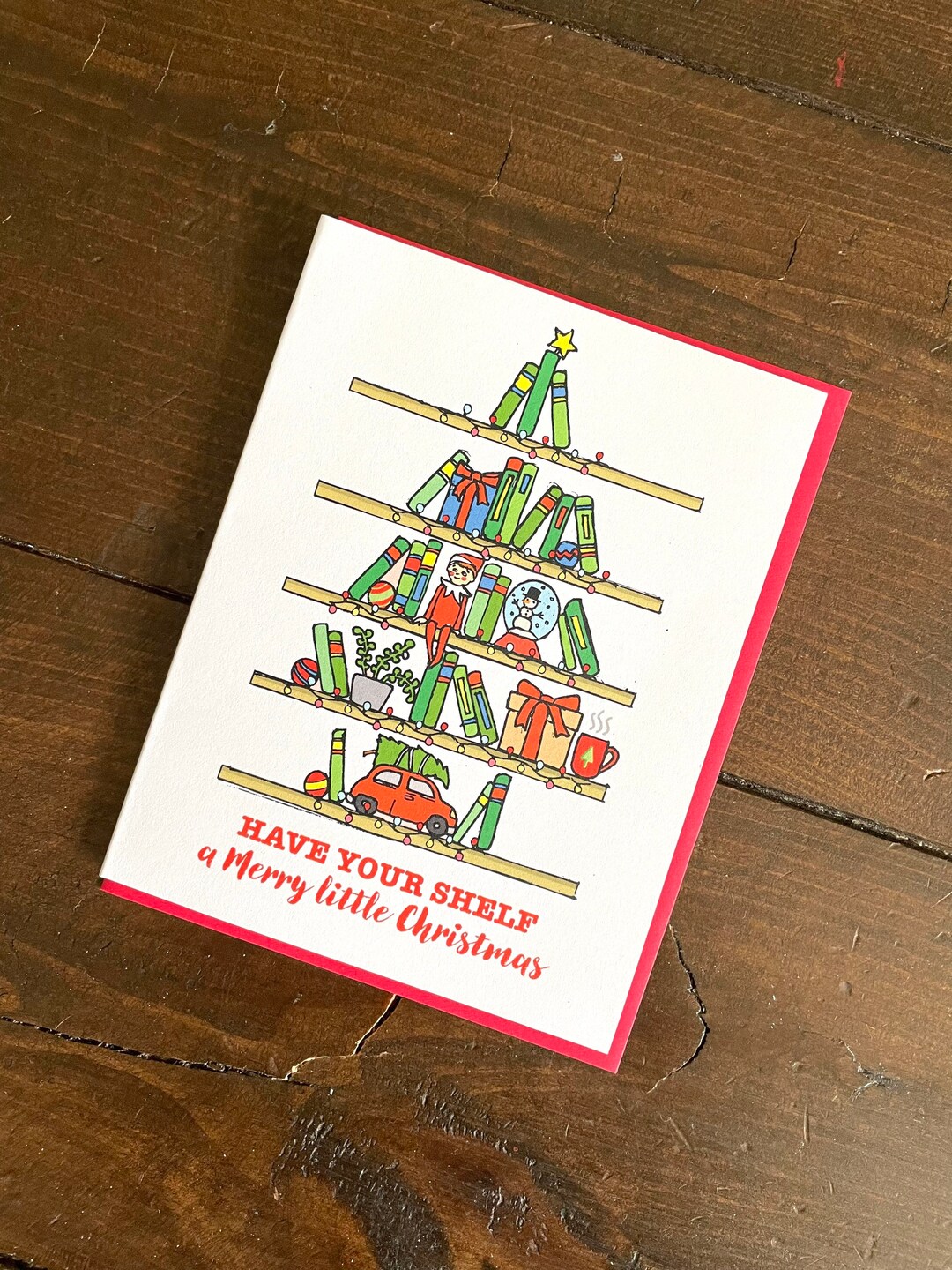 Book Shelf Christmas Card - A2 Handmade Card for Writers, Book Lovers ...