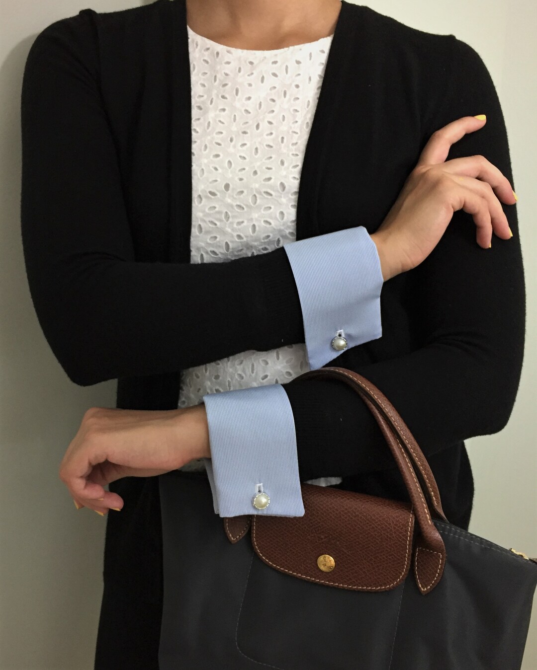 Blue Narrow Stripe French Cuffs With Faux Pearl Cuff Links: Detachable ...