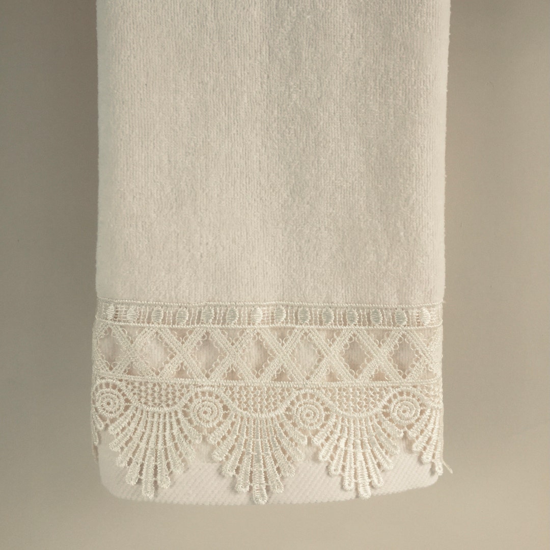 CREAM LACE Hand Towel (1) Ivory 100% Cotton Velour, 4 Inch Venice Lace ...