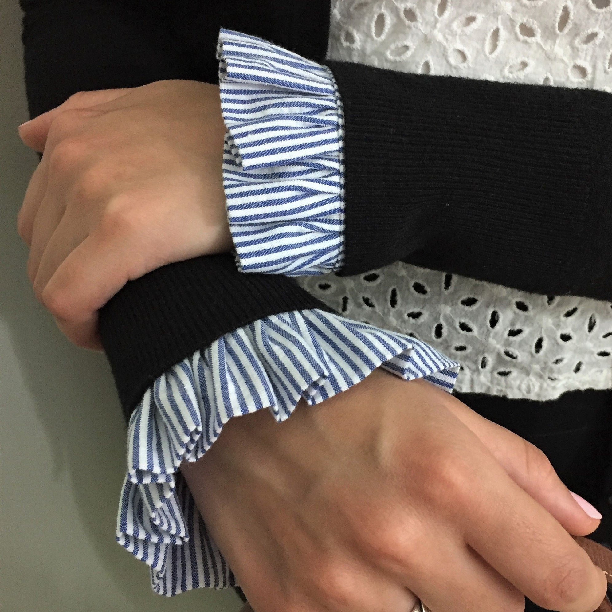 Blue Stripe Seersucker Ruffle Cuffs: Detachable Fashion Wrist Cuffs ...