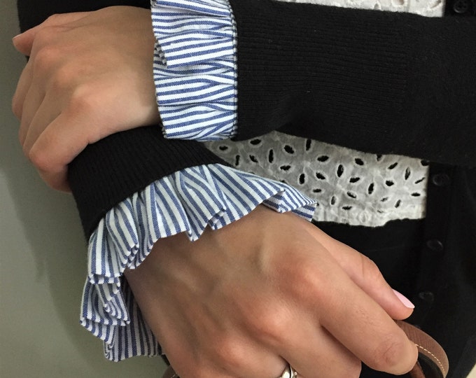 RUFFLE CUFFS (2) Blue Stripe, Detachable Wrist Cuffs, Seersucker Cuffs ...