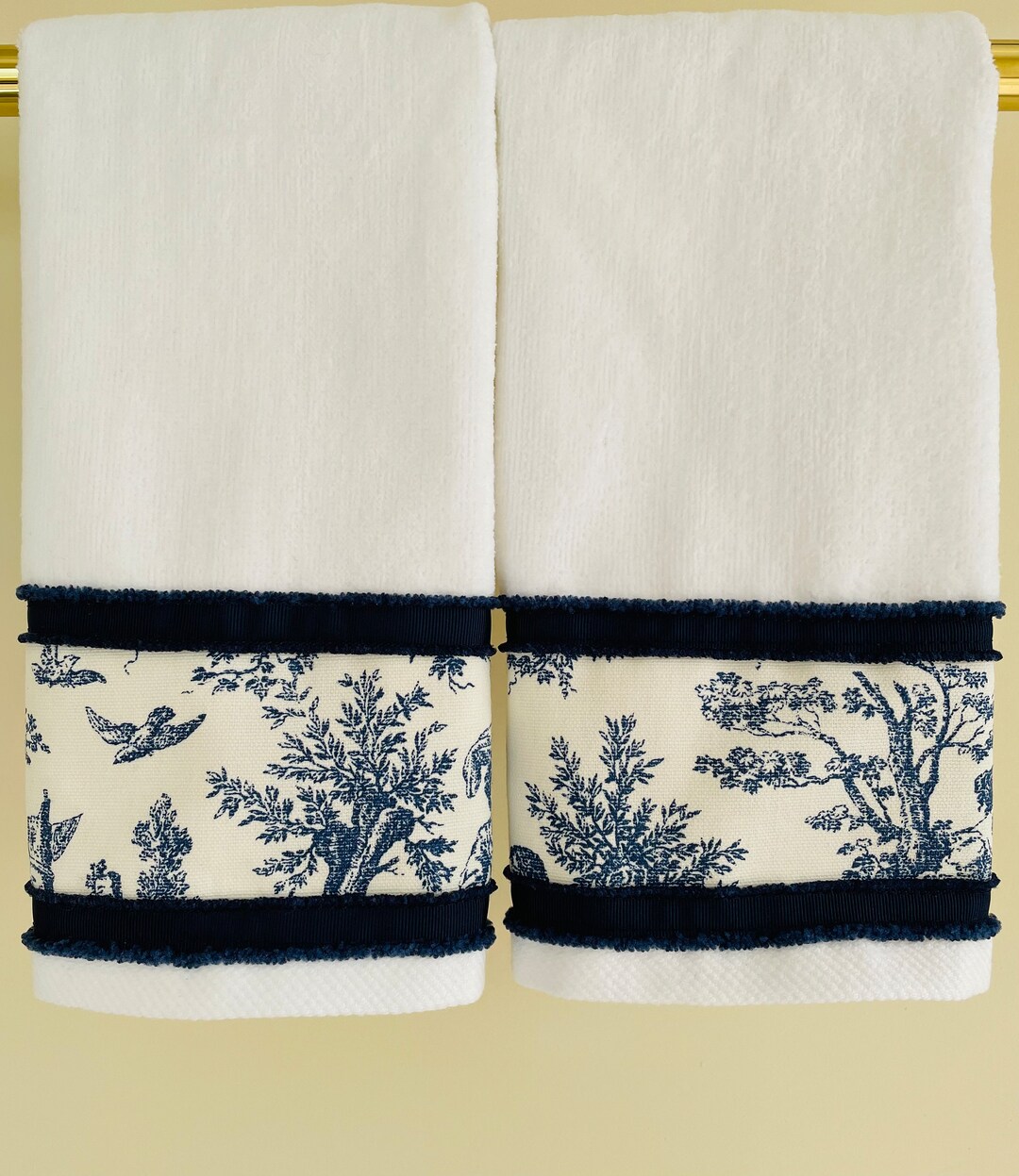 Blue Toile Fingertip Towels: White Velour Cotton, Navy Ribbon Trim (set ...