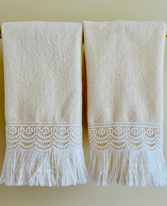 TASSEL LACE FRINGE Fingertip Towels 2 Ivory Velour Cotton - Etsy