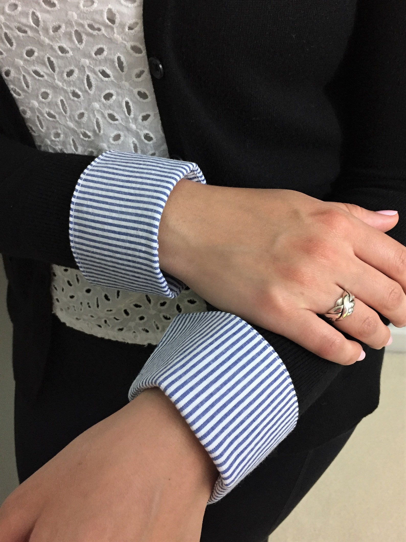WRIST CUFFS (2) French Cuffs, Blue Stripe, Detachable, Removable ...