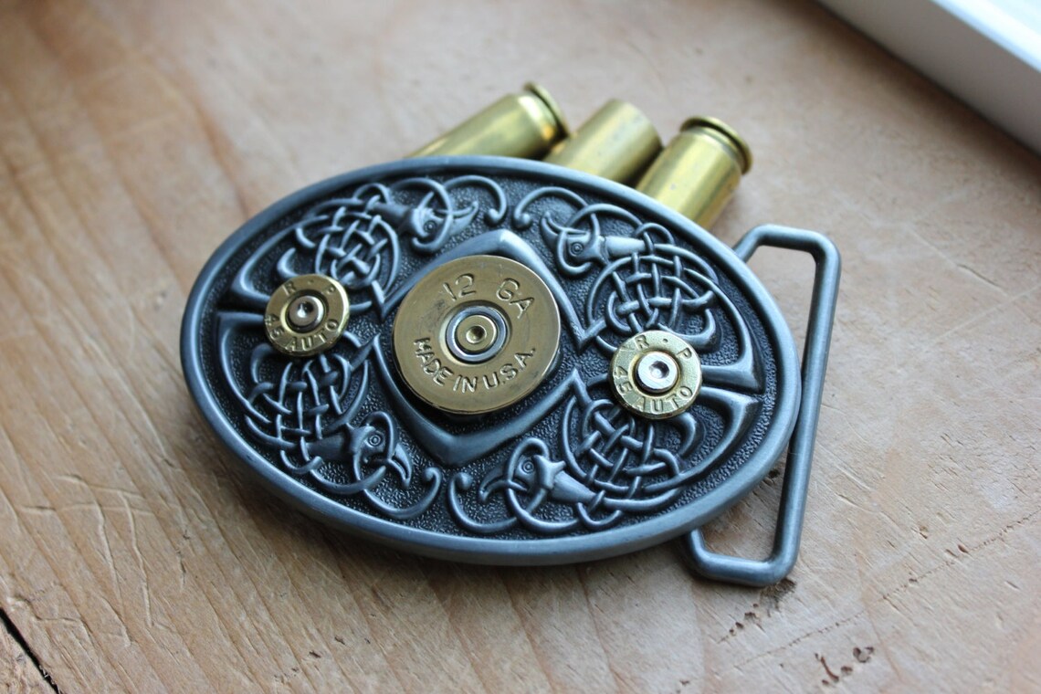 Silver Metal Belt Buckle With 12 Gauge Shotgun Shell and 45 ACP Shells ...