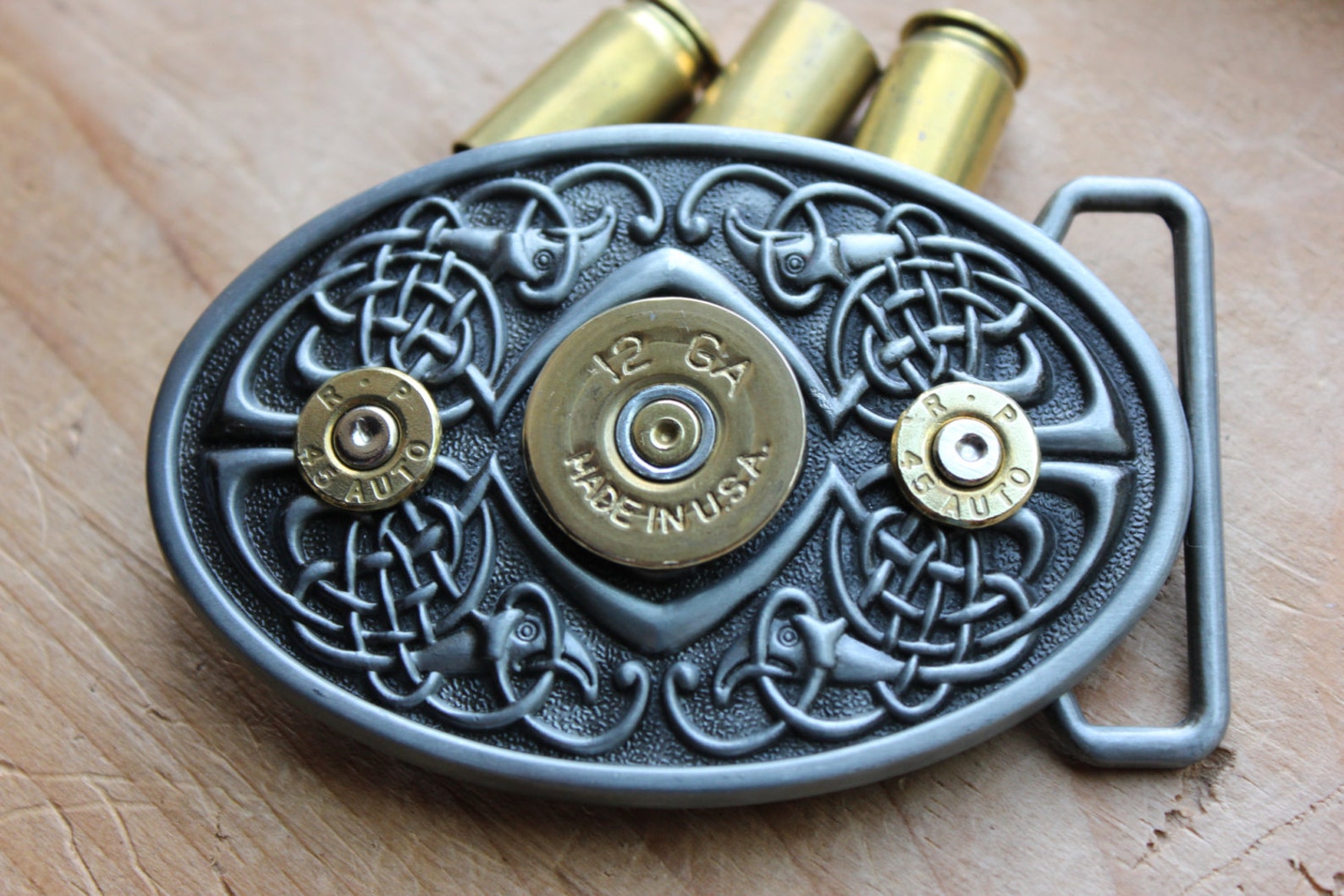 Silver Metal Belt Buckle With 12 Gauge Shotgun Shell and 45 ACP Shells ...