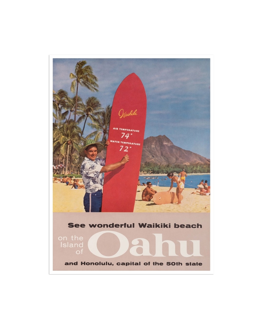 Oahu Poster Hawaii Surfing Art Hawaiian Surfing Decor Vintage Print ...