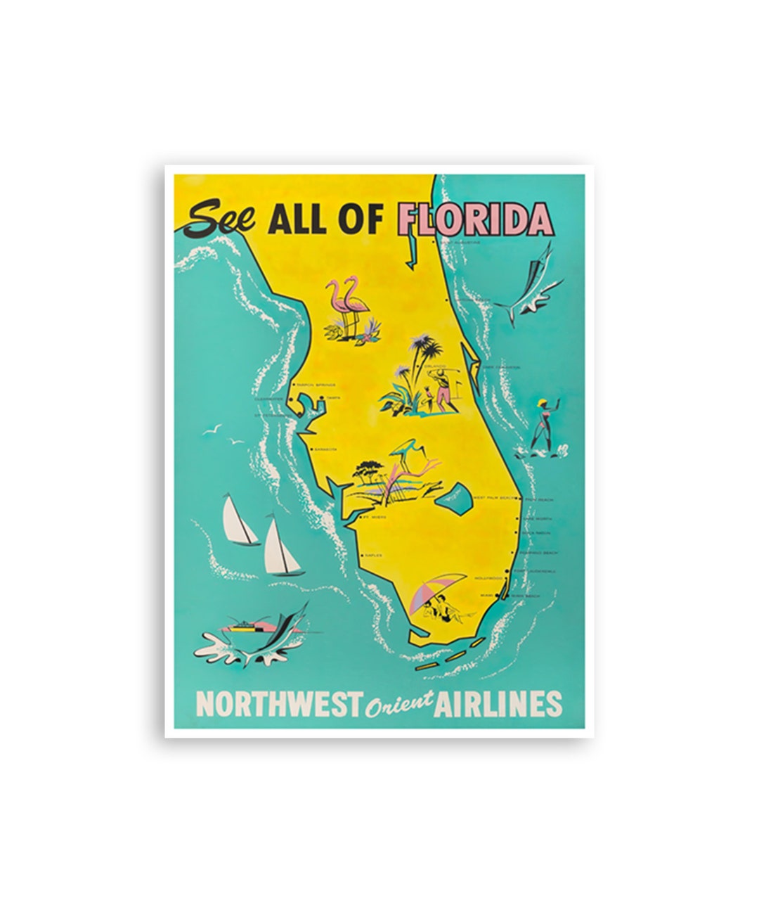 Florida Map Poster Travel Art Retro Floridian Poster Print (H1405) - Etsy