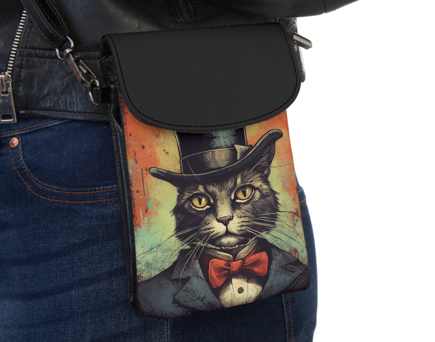 Vintage Style Cat in Top Hat Microfiber Leather Small Cell Phone Wallet ...