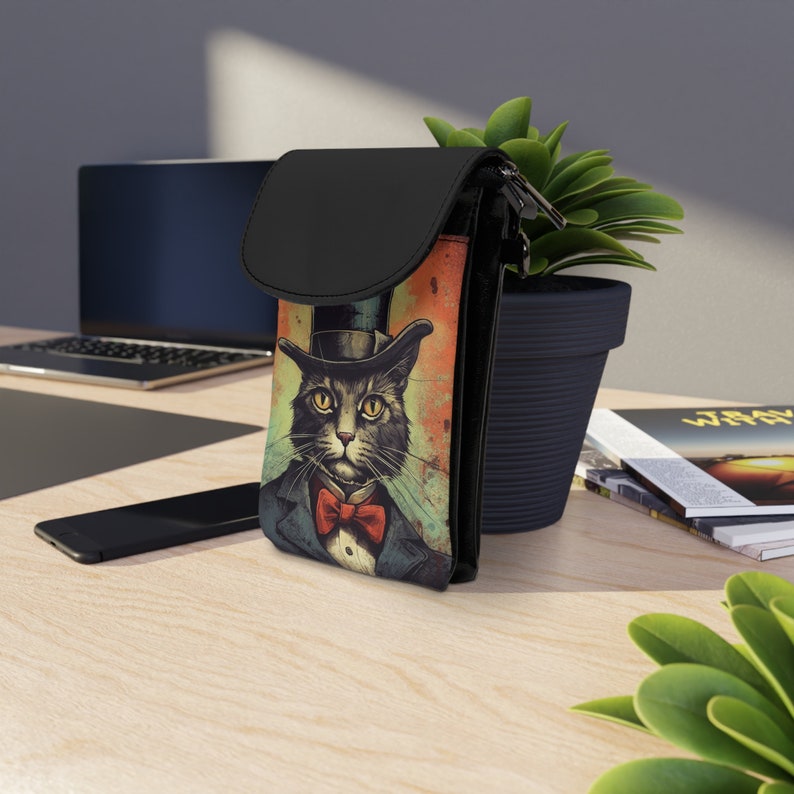 Vintage Style Cat in Top Hat Microfiber Leather Small Cell Phone Wallet ...