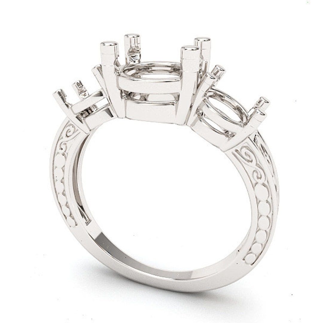 7mm Designer Style Three Stone Ring Setting 14k Solid Gold White ...