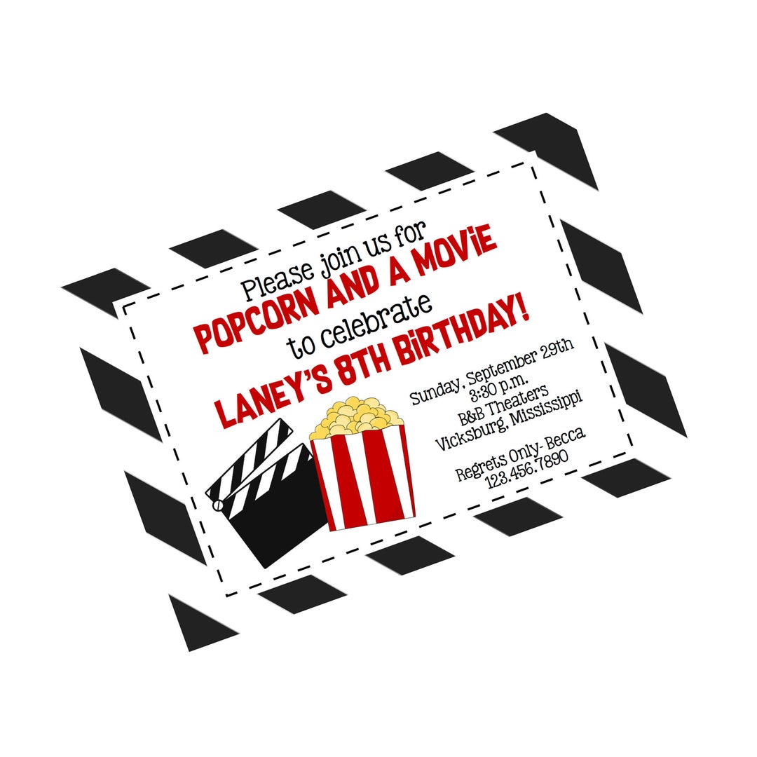 Movie and Popcorn Party Invitation Movie Invitation Movie and Popcorn ...
