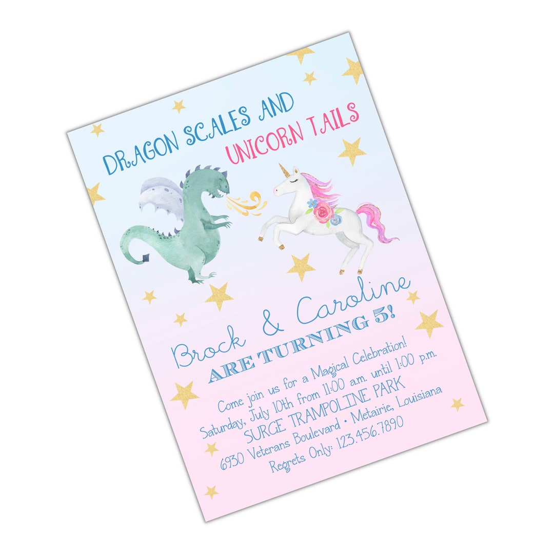 Watercolor Unicorn and Dragons Birthday Party Invitation - Etsy
