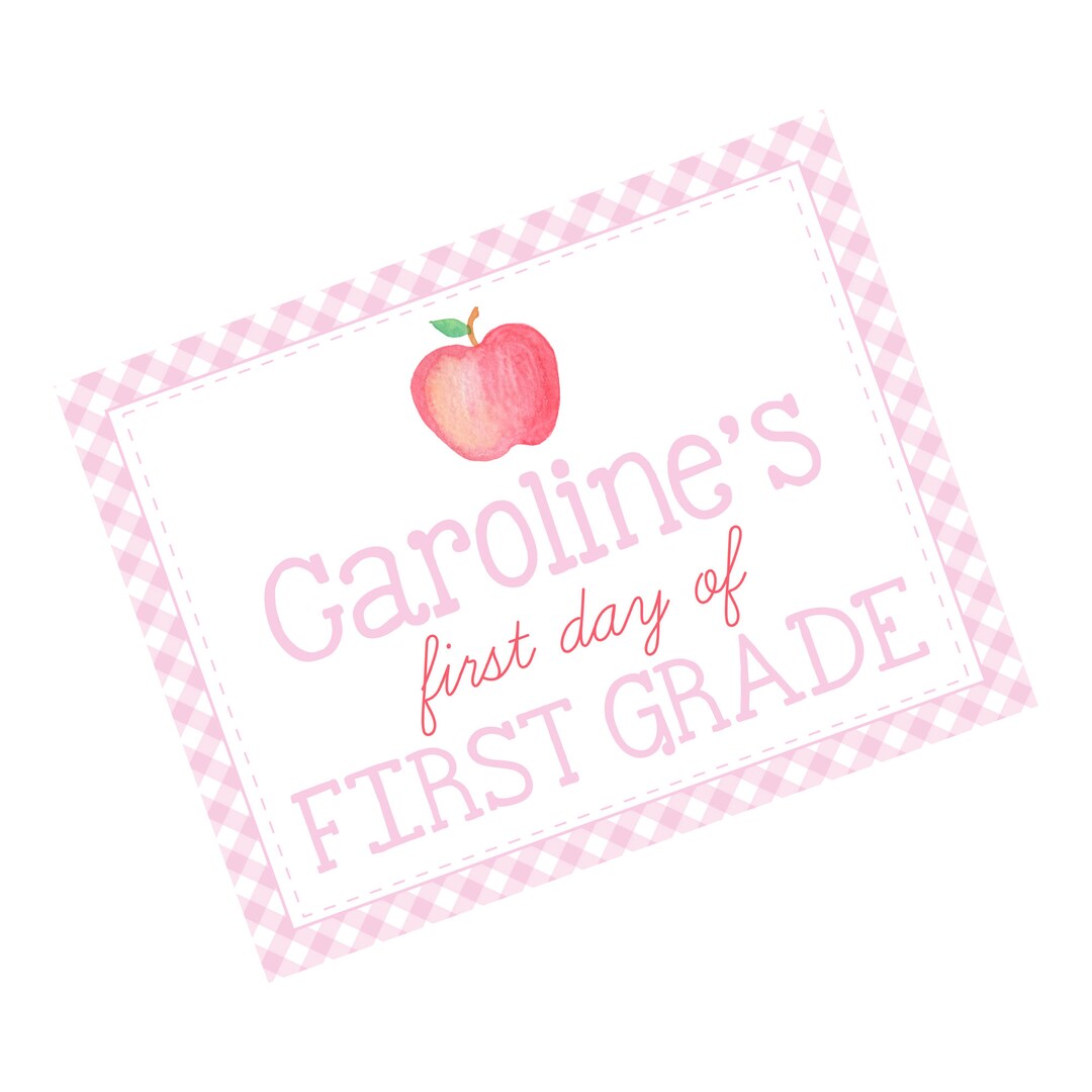 Pink Gingham Back to School Sign Watercolor Apple First Day of School ...