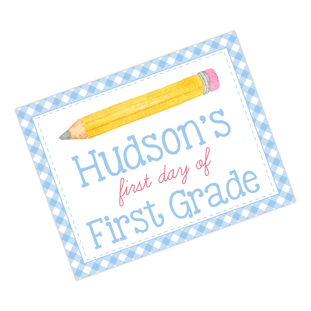 Blue Gingham Pencil Back to School Sign Watercolor Apple First Day of ...