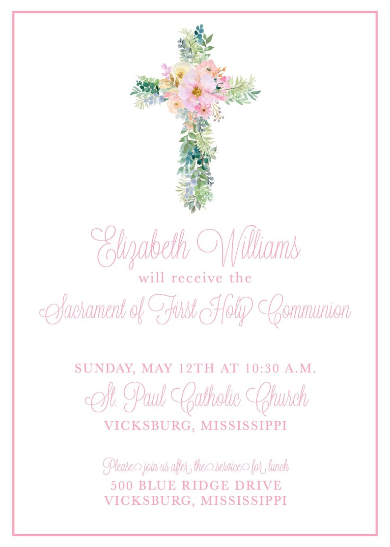 Pink Watercolor Cross First Communion or Baptism Invitation - Etsy