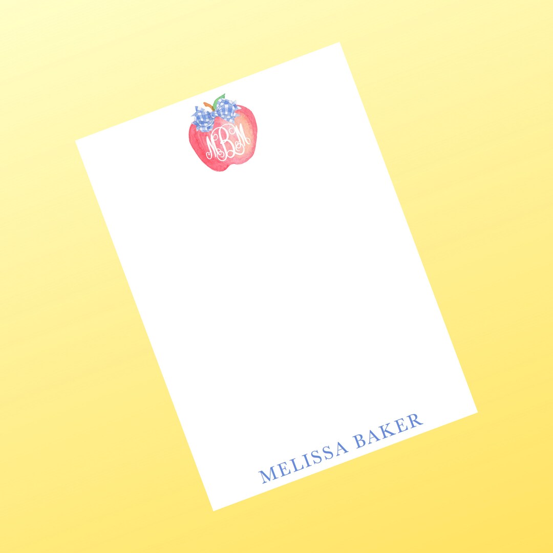 Watercolor Apple With Blue Gingham Bow Notepad, Personalized Notepad ...