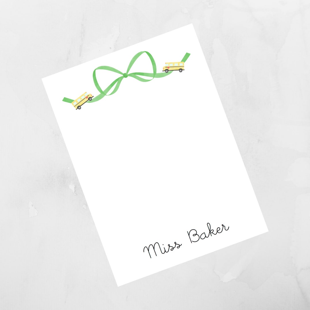 Watercolor Green Bow and School Bus Teacher Notepad, Personalized ...